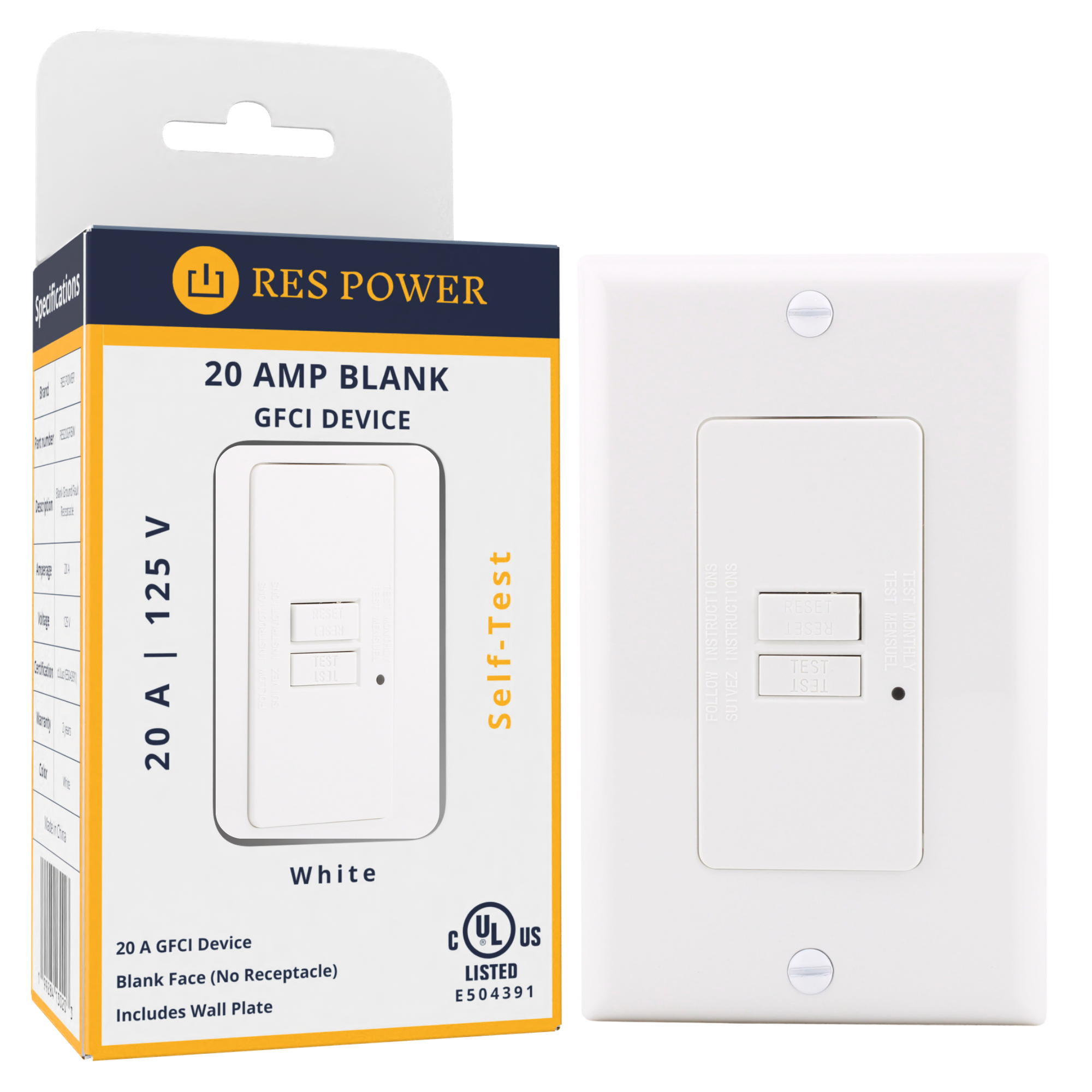 RES POWER, 20A, 125V, Blank Face GFCI Device, cULus Listed, RES20GFIBW ...