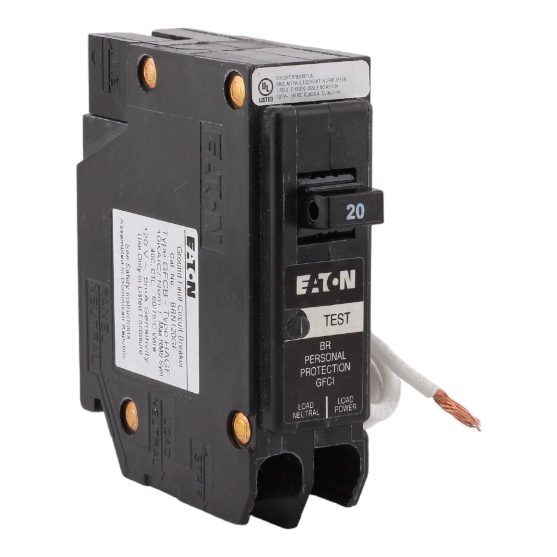 Eaton BRN120GF 20 Amp Single Pole 120V Pigtail-Neutral GFCI Ground Fau ...