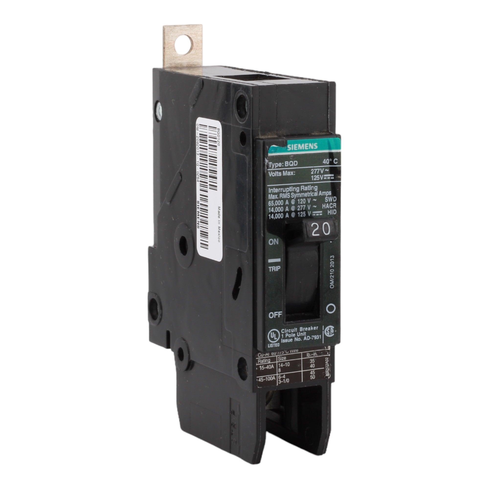 Siemens BQD120 20 Amp Single-Pole Circuit Breaker - 277VAC, 125VDC, 14 ...