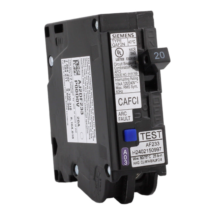 Siemens QA120AFCN 20A 1P 120V AFCI Plug on Neutral Circuit Breaker ...