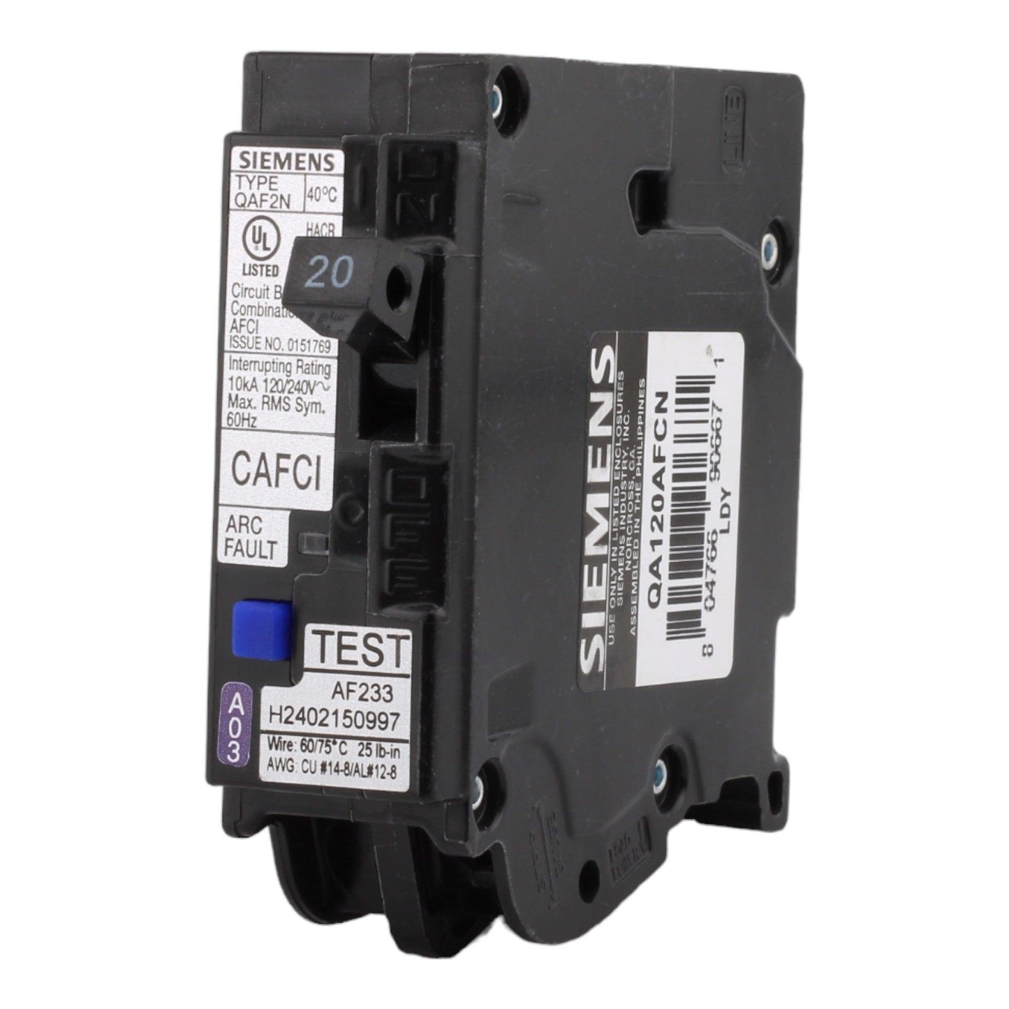 Siemens QA120AFCN 20A 1P 120V AFCI Plug on Neutral Circuit Breaker ...