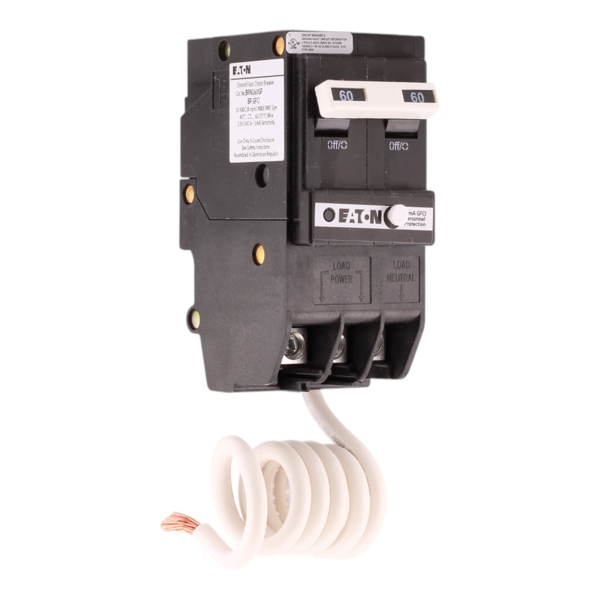 Eaton BR BRN260GF 60A 2P 120/240V GFCI Pigtail Neutral Circuit Breaker ...