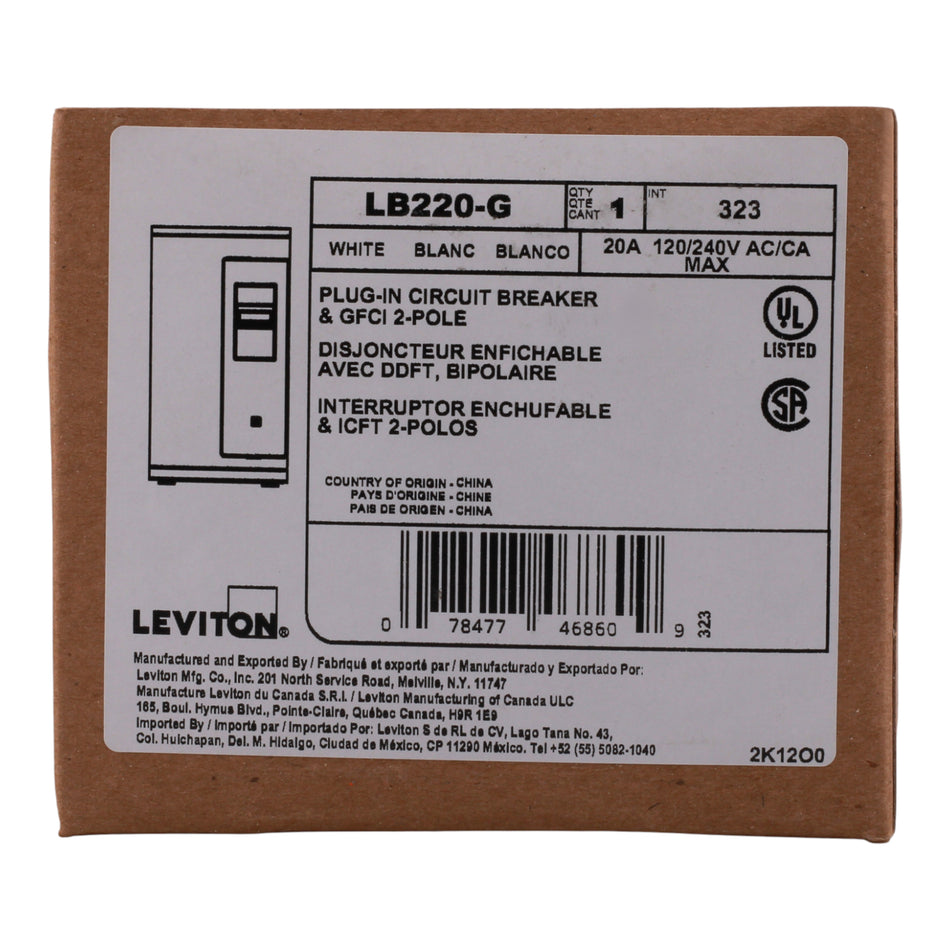 Leviton LB220-G 20A 2P 120/240V GFCI Plug-On Neutral Circuit Breaker ...