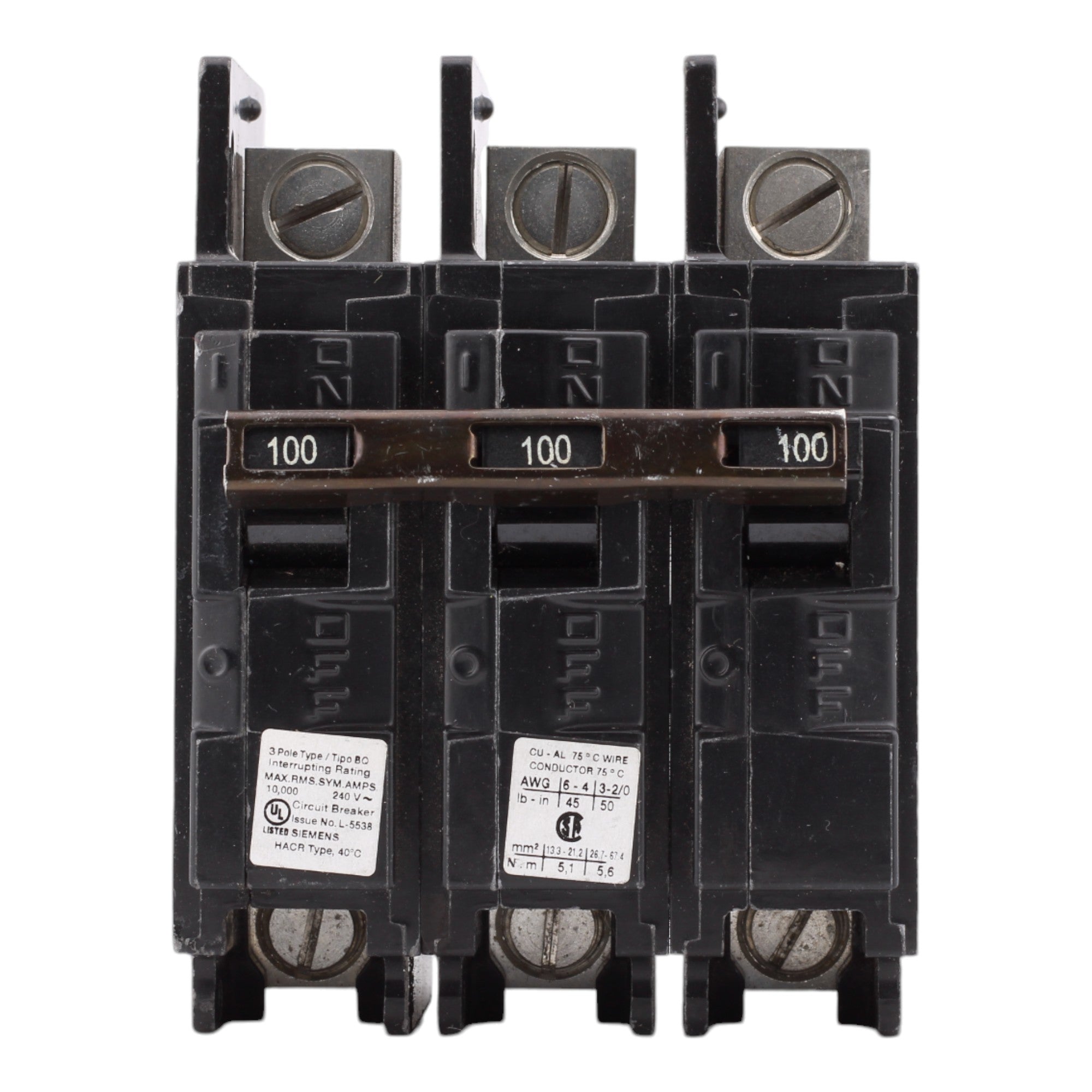 Siemens BQ3B100L 100 Amp Triple Pole 240V Bolt-On Standard Trip Circui ...