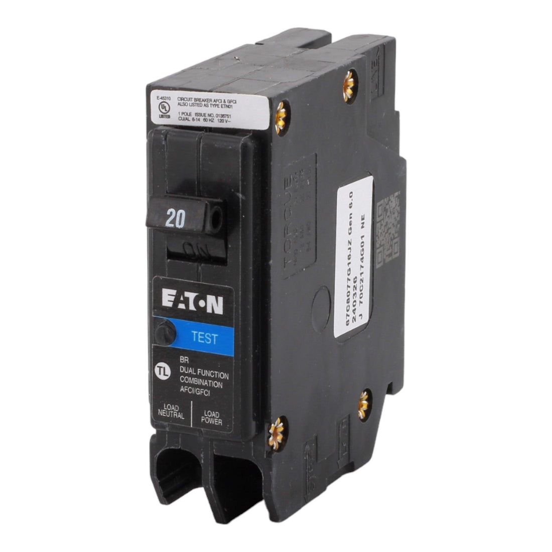 Eaton BR, BRP120DF, 20A, 1P, 120V, AFCI/GFCI, Plug on Neutral, Circuit ...