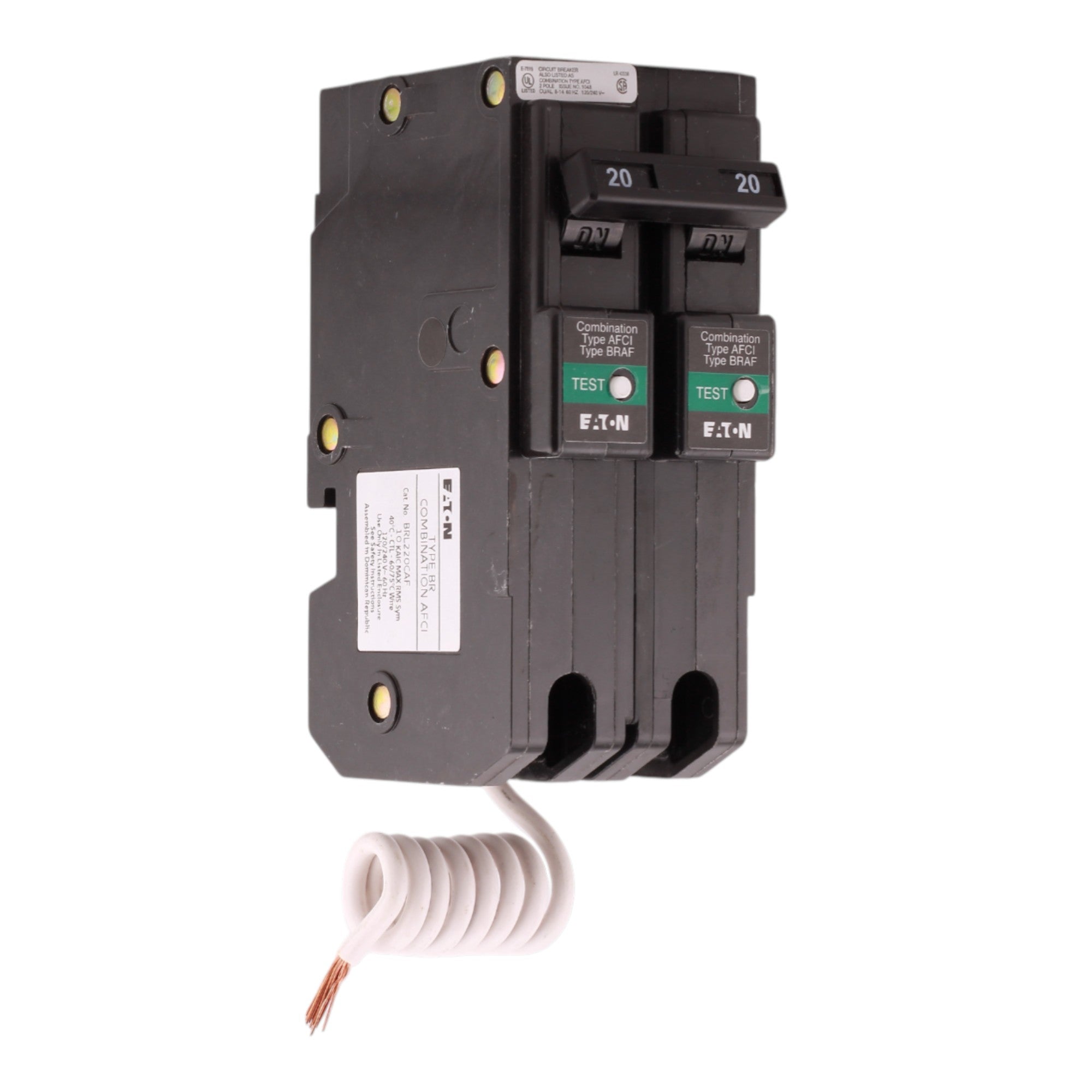 Eaton BR BRL220CAF 20A 2P 120/240V AFCI Pigtail Neutral Circuit Breake ...
