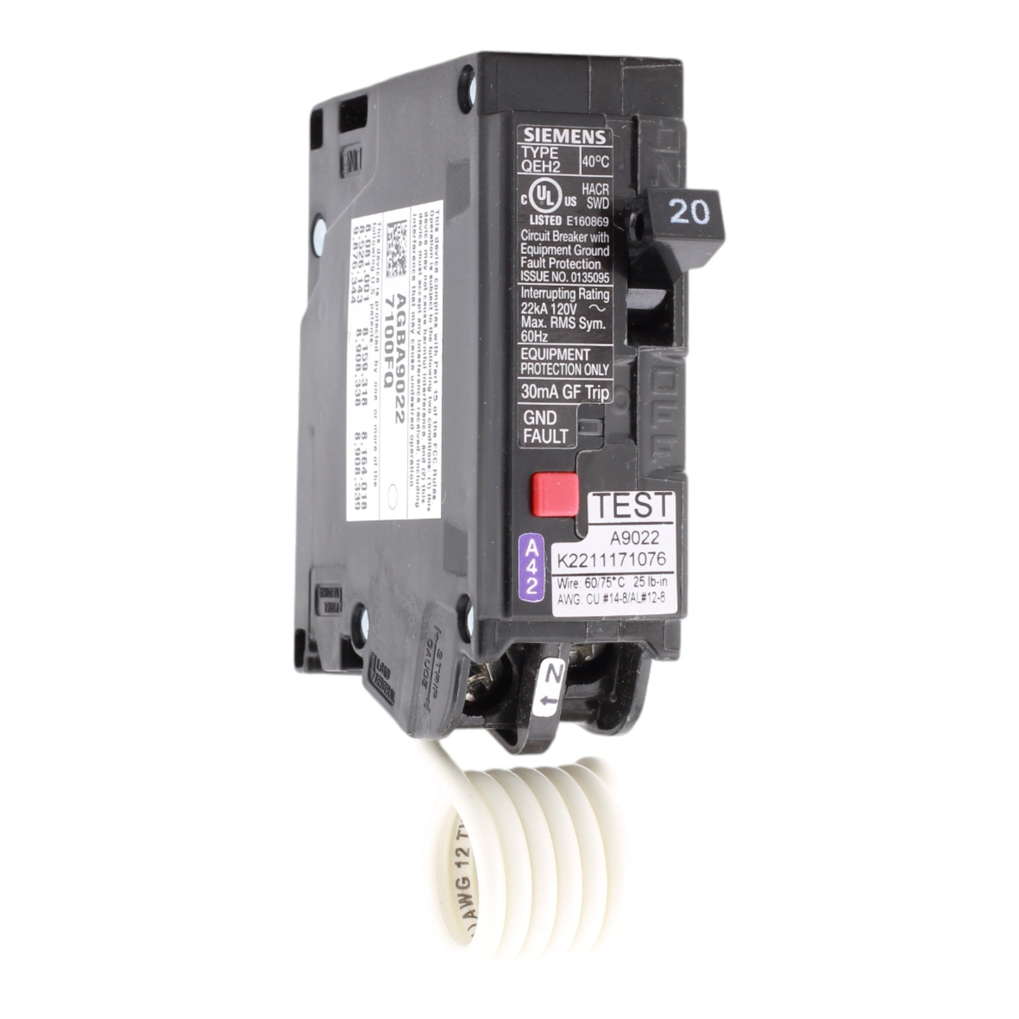 Siemens QE120H 20 Amp Single Pole 120V Pigtail Neutral GFCI Equipment ...