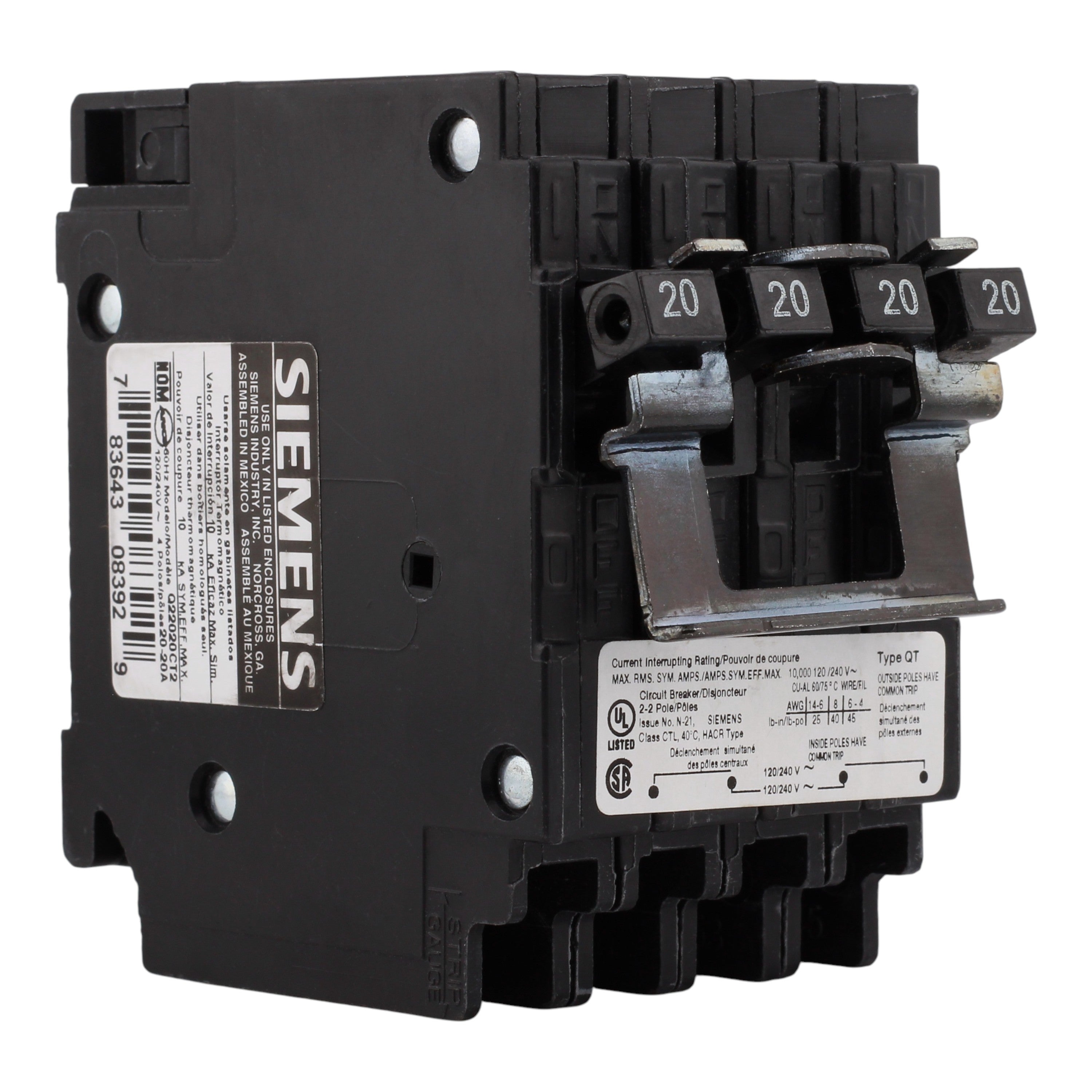 Siemens QT Q22020CT2 20A 2P 120/240V Duplex Circuit Breaker – RES LLC Store