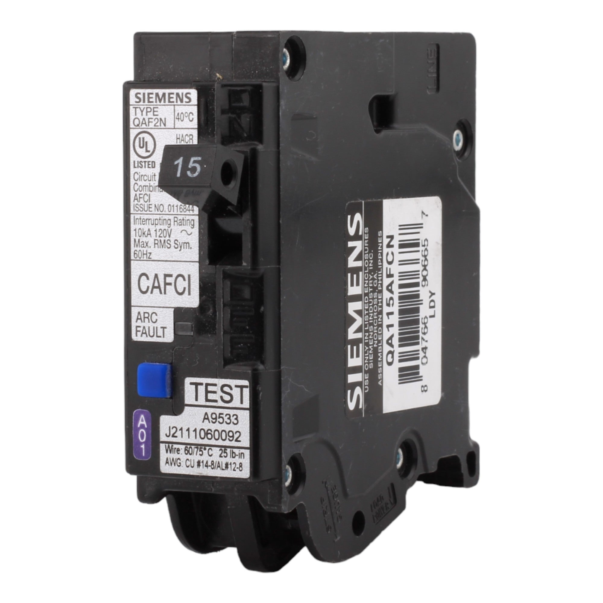 Siemens QA115AFCN 15A 1P 120V AFCI Plug on Neutral Circuit Breaker ...