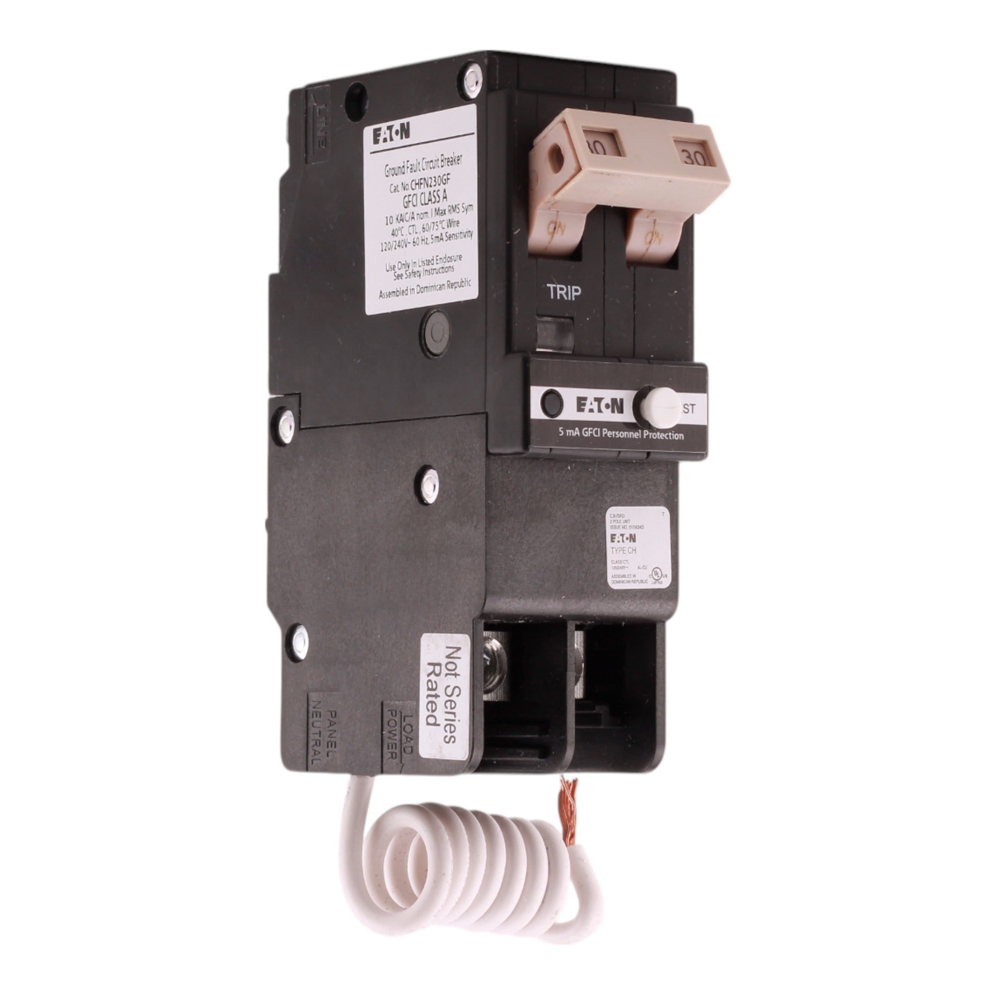 Eaton CH CHFN230GF 30A 2P 120/240V GFCI Pigtail Neutral Circuit Breake ...