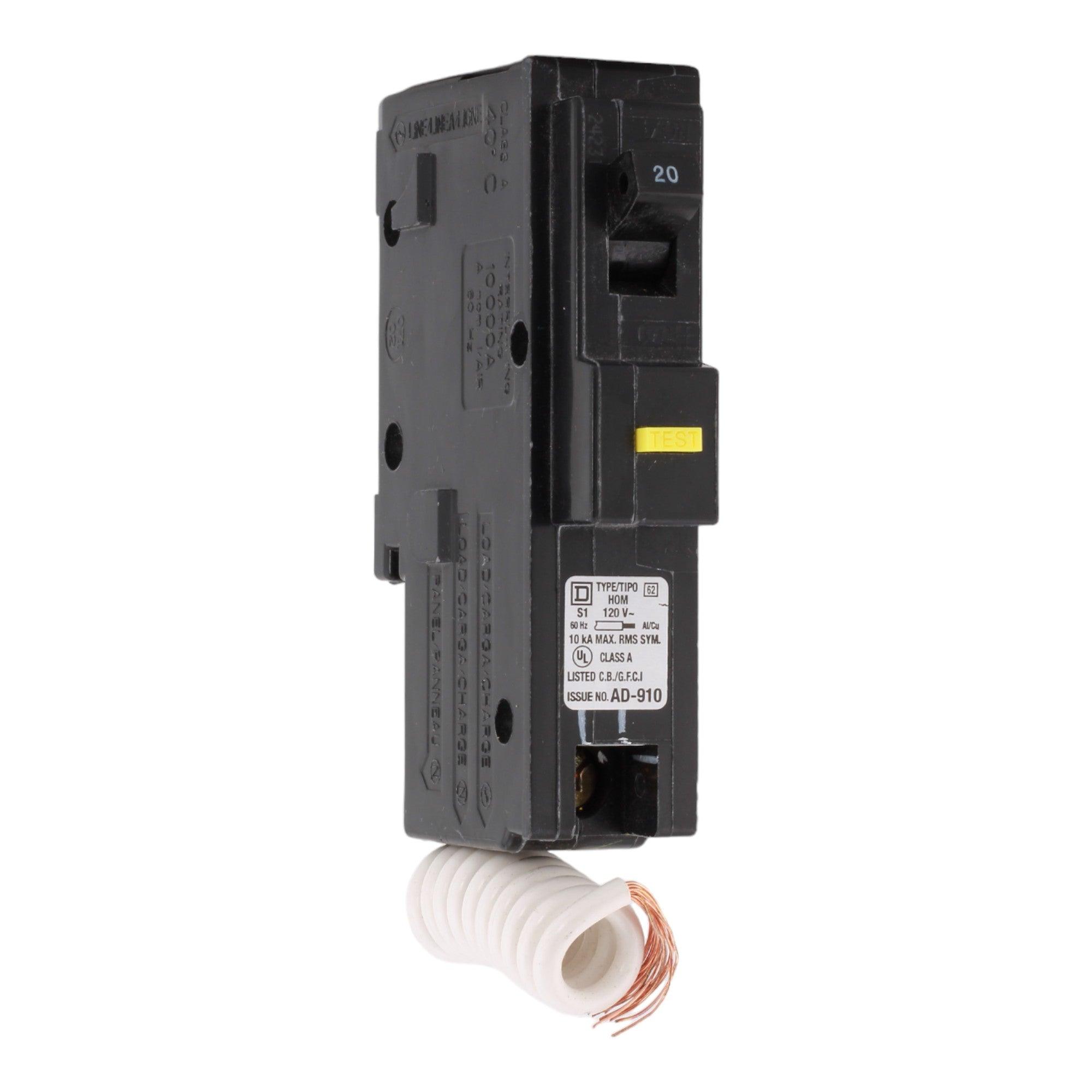 Square D HOM120GFI 20 Amp Single Pole 120V Pigtail-Neutral GFCI Ground ...