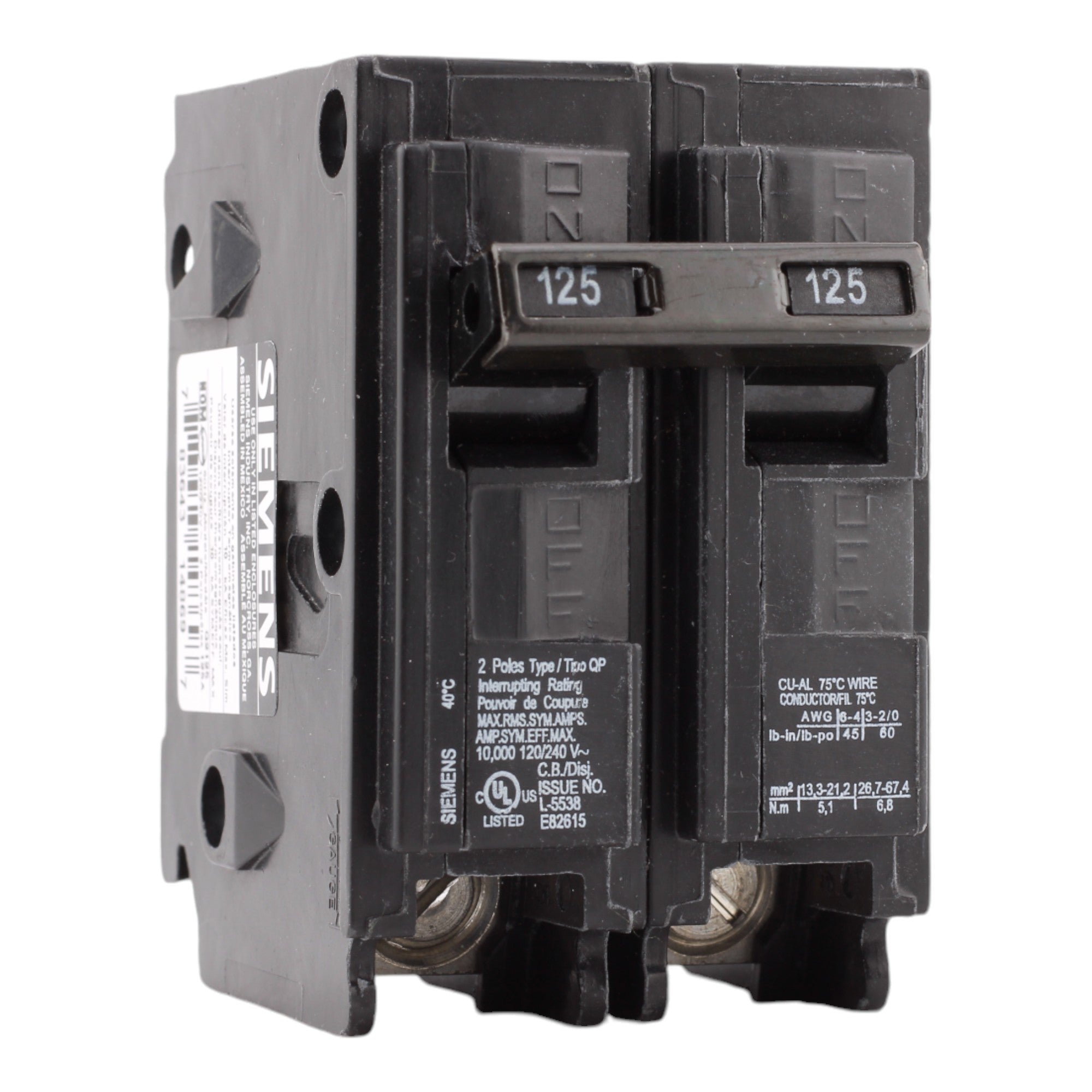 Siemens Q2125 125 Amp Double Pole 240V Plug-In Standard Trip Circuit B ...