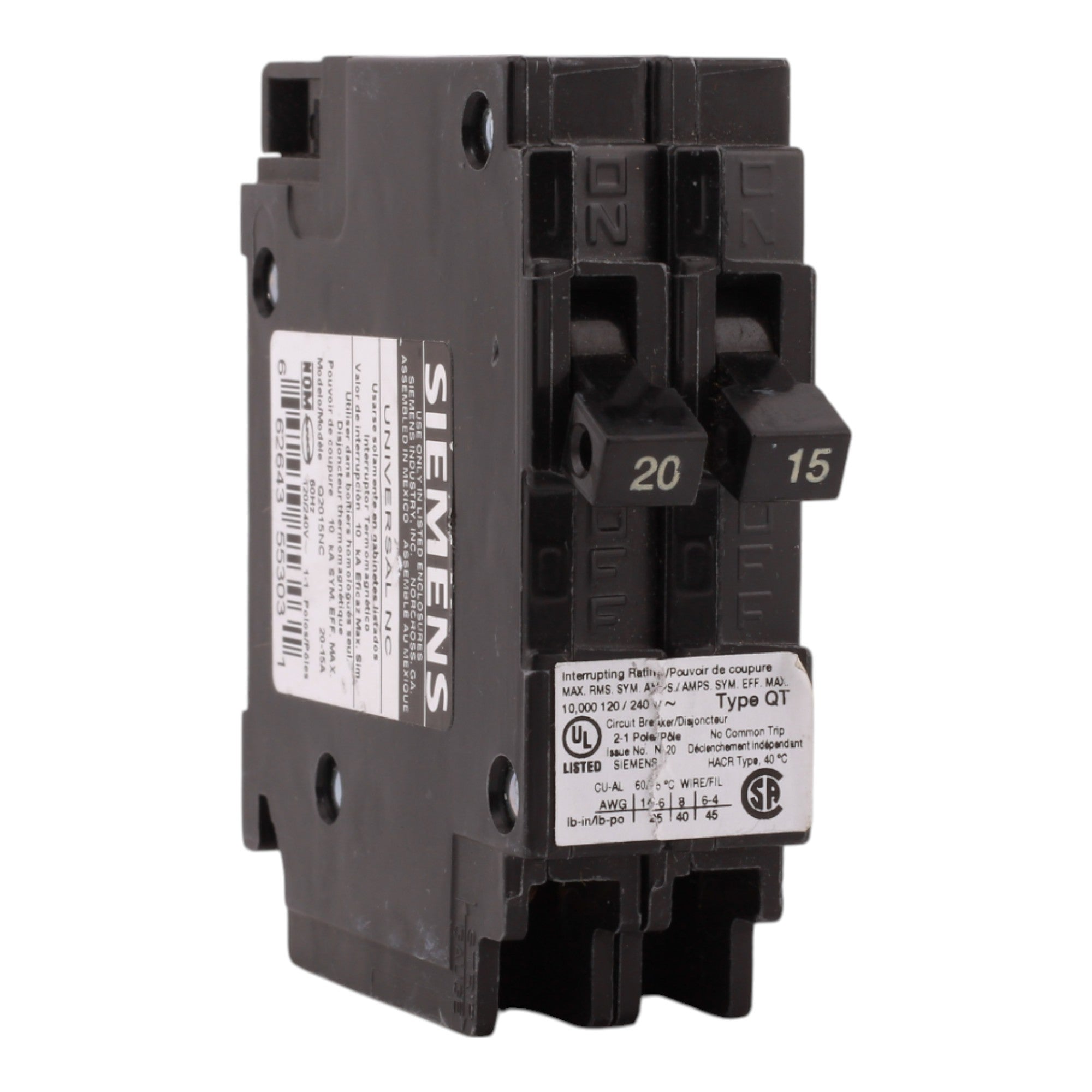 Siemens QT Q2015NC 20A/15A 1P 120V Duplex Circuit Breaker – RES LLC Store