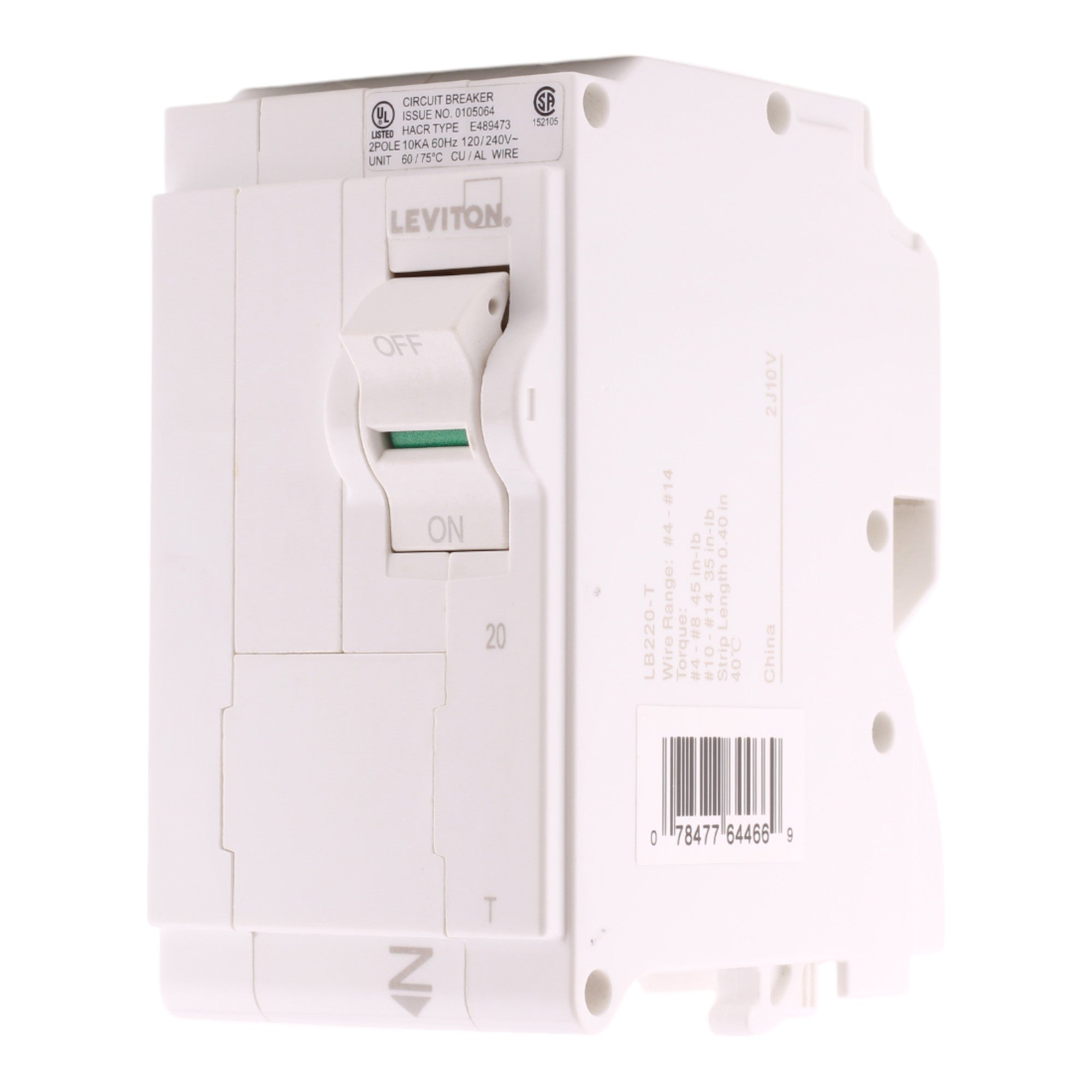 Leviton LB220-T 20A 2P 120/240V Standard Plug-On Neutral Circuit Break ...