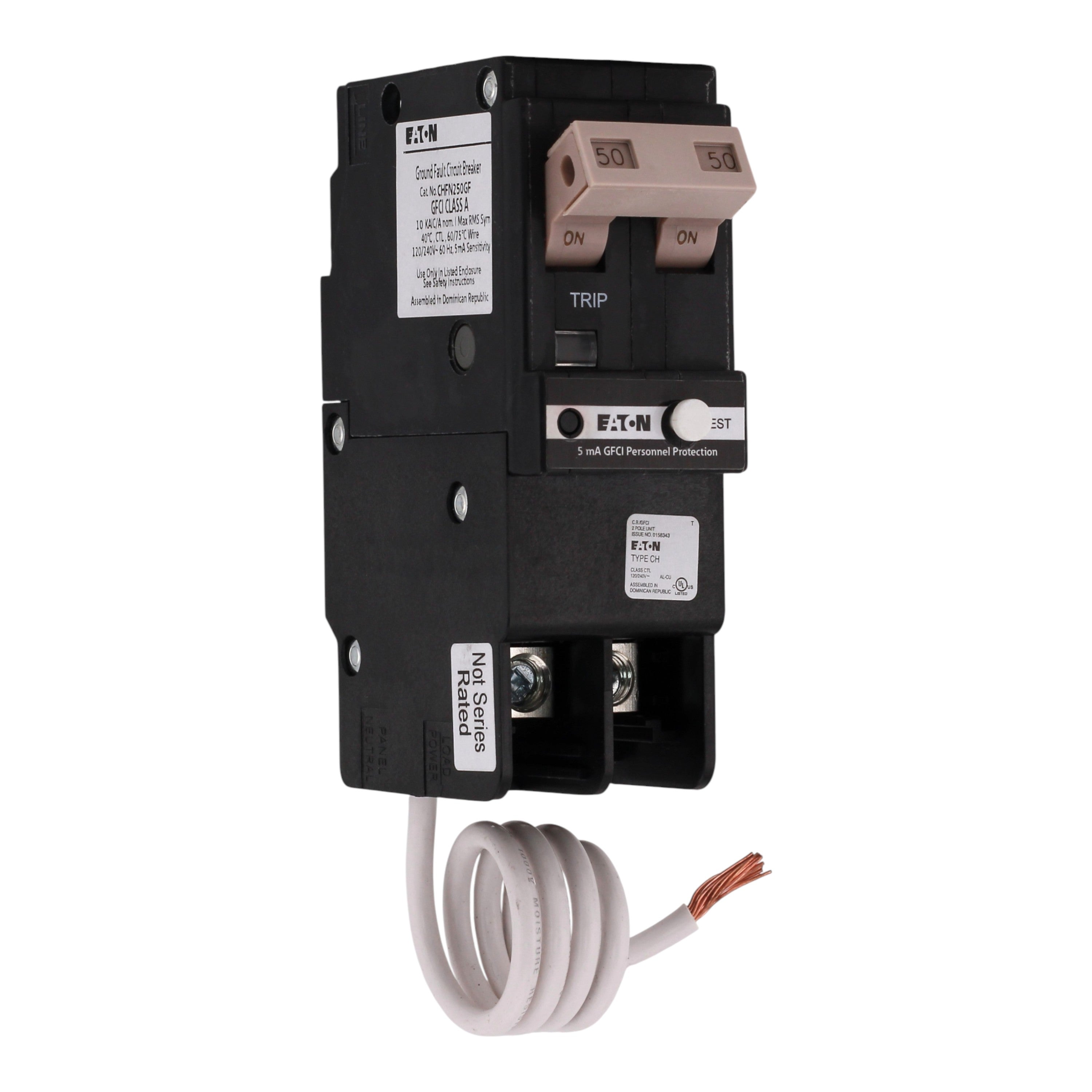 Eaton CH CHFN250GF 50A 2P 120/240V GFCI Pigtail Neutral Circuit Breake ...