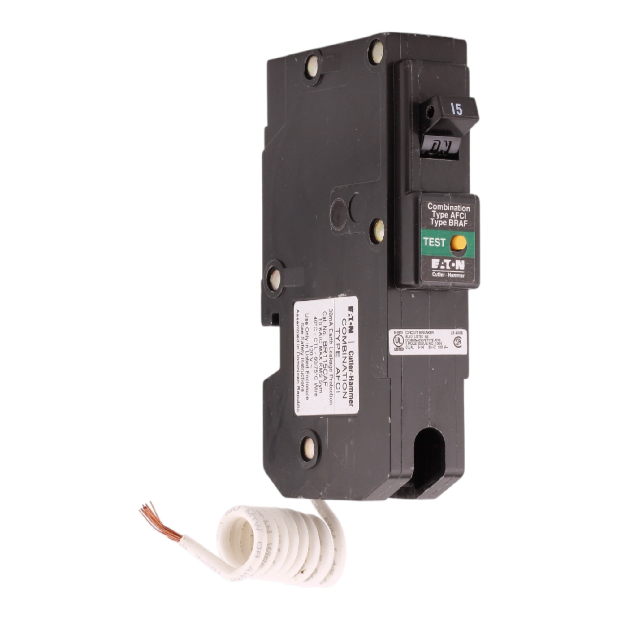 Eaton Type BR BR115CAF 15A 1P 120V AFCI Pigtail Neutral Circuit Breake ...
