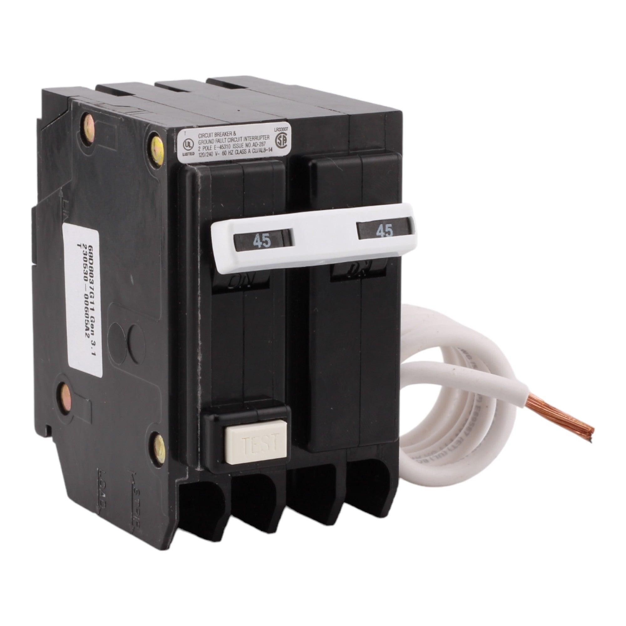 Eaton GFTCB245 45 Amp Double Pole 240V Pigtail-Neutral GFCI Ground Fau ...