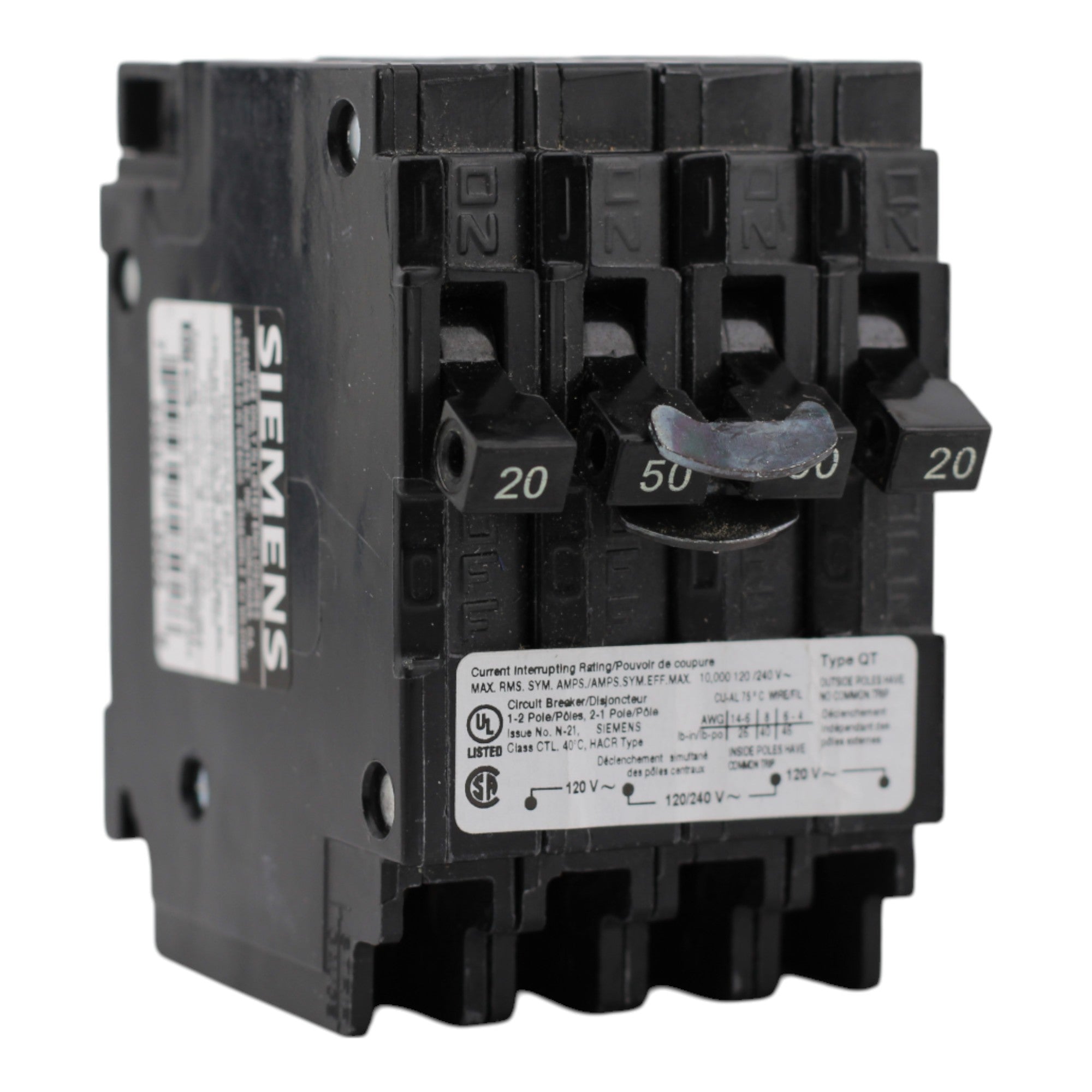 Siemens Q22050CT 20/50A 1P/2P 120/240V Triplex Circuit Breaker – RES ...