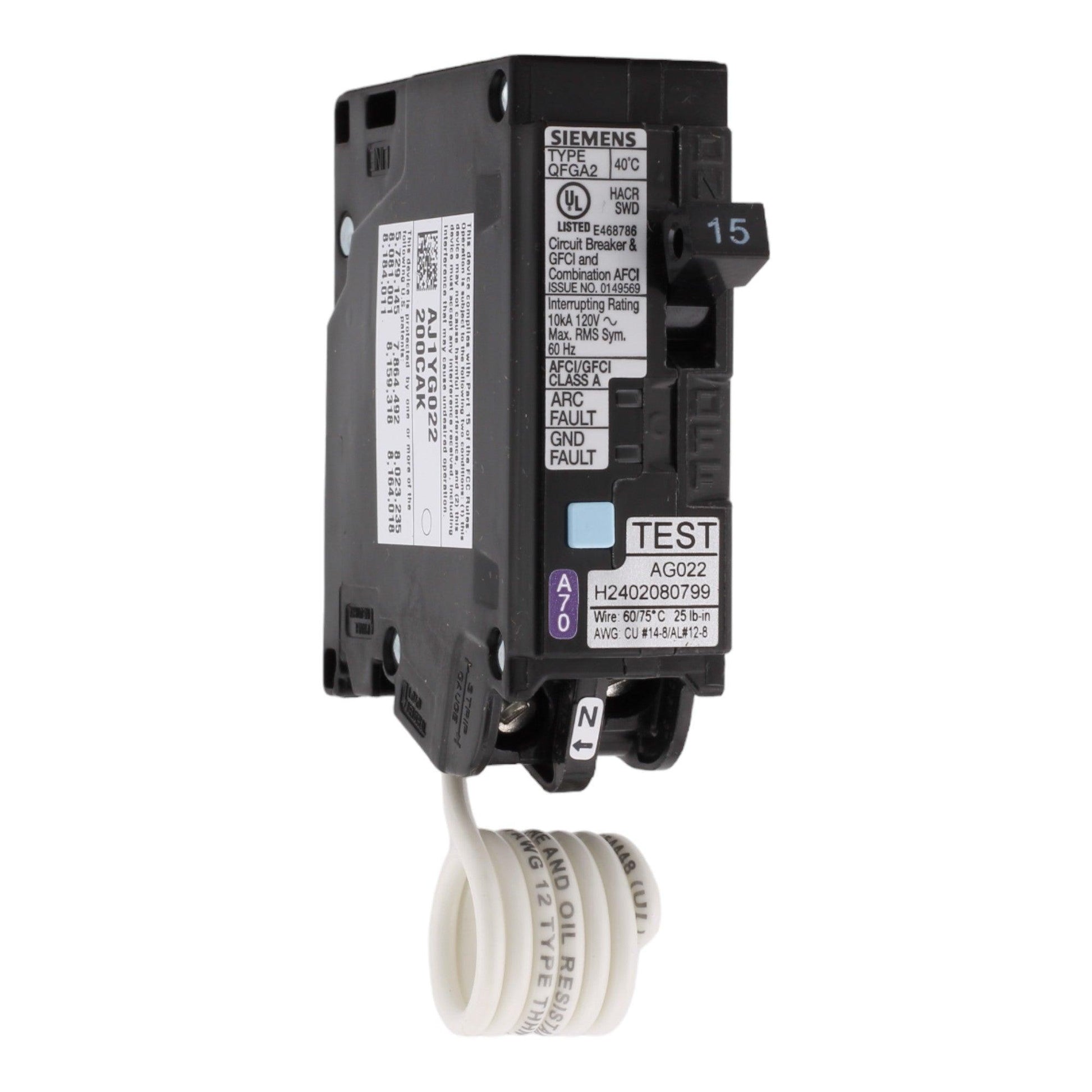 Siemens Q115DF 15 Amp Single Pole 120V Pigtail-Neutral AFCI/GFCI Dual ...