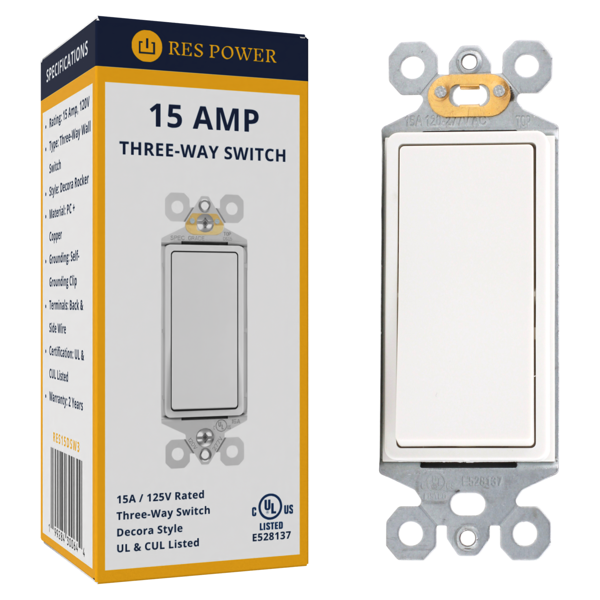 RES POWER 15A 125V Decorator Style Three Way Switch cULus Listed White ...