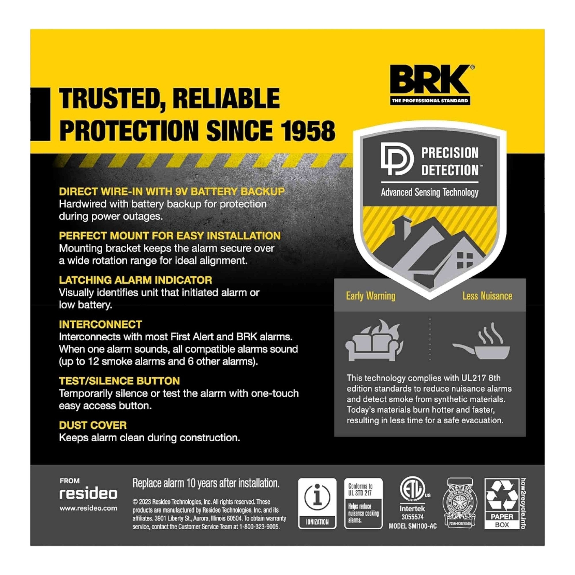 BRK SMI100-AC Hardwire Smoke Alarm 85dB Battery Backup Ionization UL ...