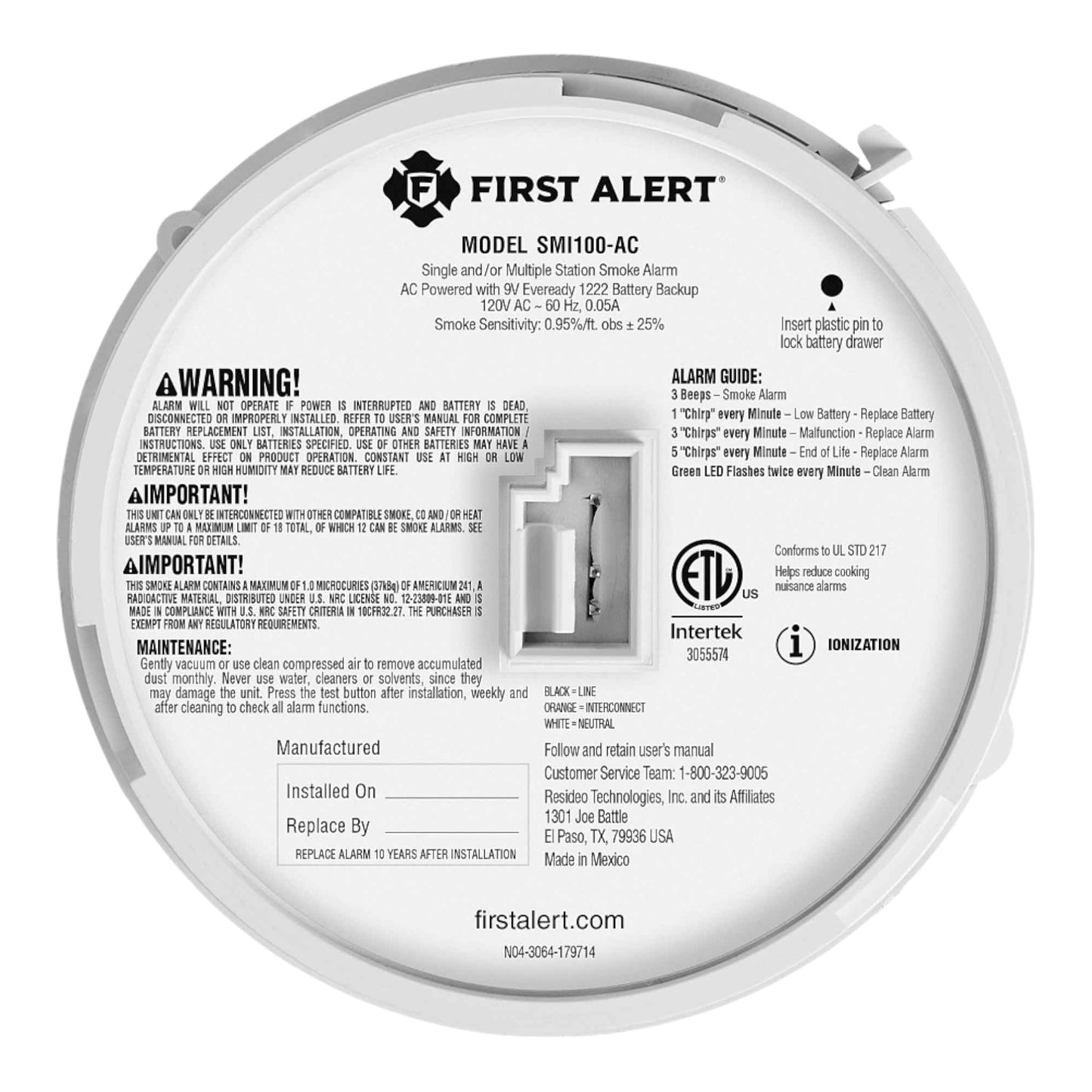 BRK SMI100-AC Hardwire Smoke Alarm 85dB Battery Backup Ionization UL ...