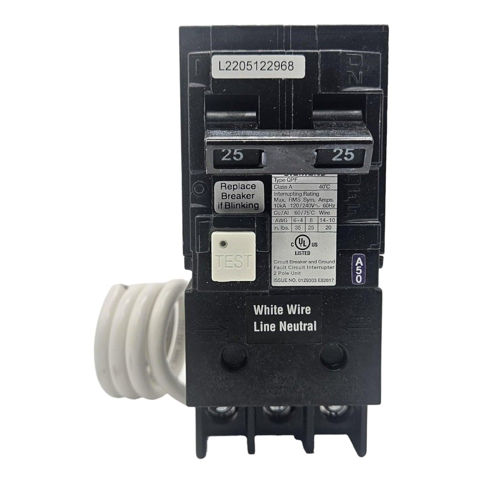 Siemens QF225A 25A 2P 120/240V GFCI Pigtail Neutral Circuit Breaker ...